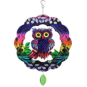 Wind Spinners Home Garden Decor, Patio Yard Backyard Outdoor Art Outside Decorations 3D Owl Metal Stainless Steel Decoration, 12＂Wind Spinner Gifts for Lawn Hanging Pinwheels Crafts Ornaments