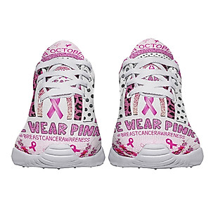 in October We Wear Pink Breast Cancer Awareness Shoes Women Fashion Running Sneakers Breathable Casual Sport Tennis Shoes White Size 8.5