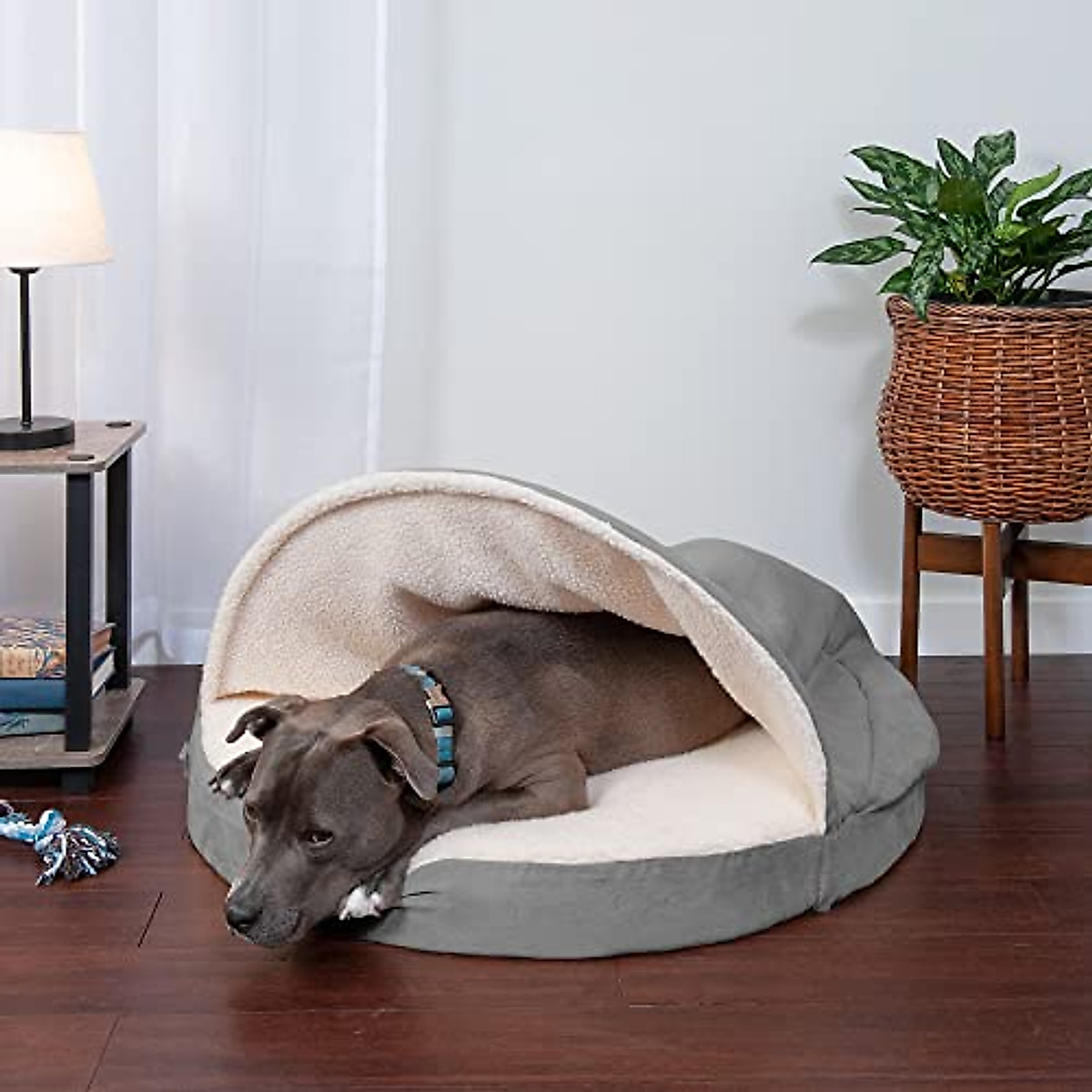 Furhaven 35" Round Cooling Gel Dog Bed for Large/Medium Dogs w/ Removable Washable Cover, For Dogs Up to 50 lbs - Sherpa & Suede Snuggery - Gray, 35-inch