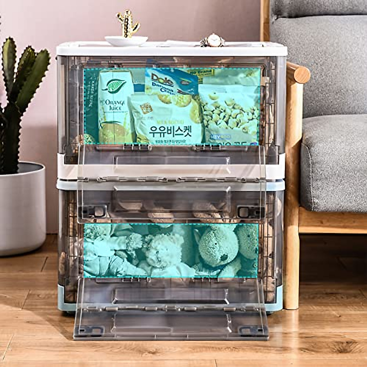 whale pocket Large Clear Plastic Storage Box with Lid Wheels Collapsible Storage Bins with Double Doors Stackable Folding Container Organizer Cube for Home Office Closet (White)