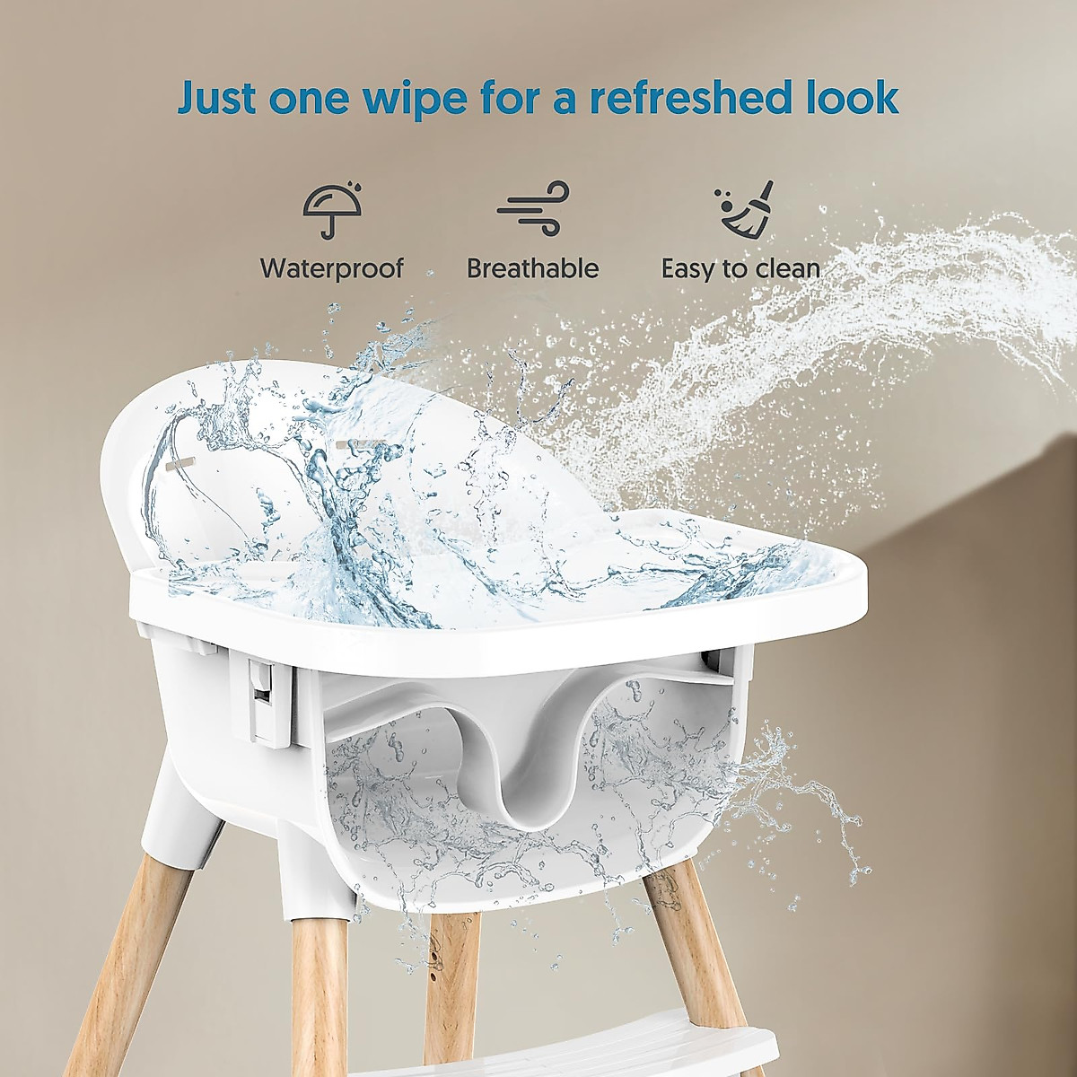 Bellababy Baby High Chair, Classic Wooden Baby High Chair for Babies & Toddlers, 5-Point Harness, Removable Tray, Ergonomic Seat Back, Easy to Assemble and Clean, Lightweight, White