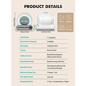 Famree Smart Self-Cleaning Cat Litter Box,Automatic Cat Litter Cleaning Robot with 65L+9L Large Capacity/APP Control/Ionic Deodorizer for Multiple Cats【2023 New Structure】, Turquoise Green