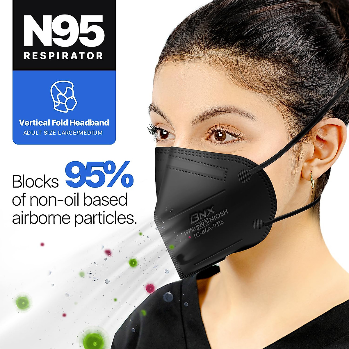 AccuMed BNX N95 Mask Black NIOSH Certified MADE IN USA Particulate Respirator Protective Face Mask (20-Pack, Approval Number TC-84A-9315 / Model H95B) Black