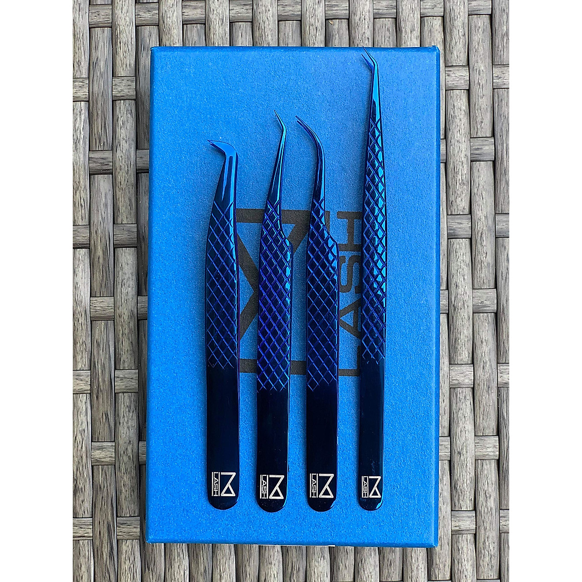 M LASH Tweezers for Eyelash Extensions (Set of 4) - Professional Lash Extension Tweezers - Fiber Tip, Japanese Steel, Diamond Grip Eyelash Extension Tweezer (Blue)
