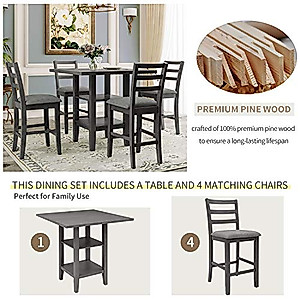 Life In Color 5 Piece Dining Table Set Wood Counter Height Dining Set Square Kitchen Table with 2-Tier Storage Shelving and 4 Padded Chairs (Gray)