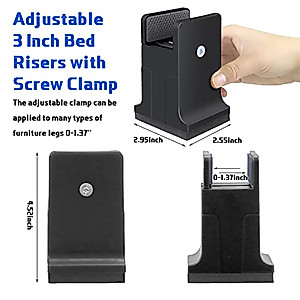 Twakashic Table Bed Risers 3''with Adjustable Screw Clamp, Heavy Duty Desk Bed Furniture Risers, Fit for Furniture Thickness 0-1.5'', Supports 5000 lbs(Black, 4 Pack)