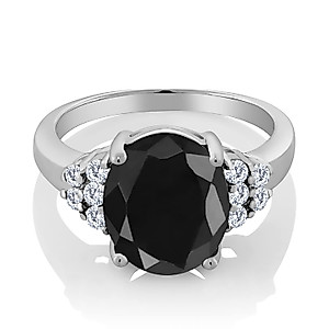 Gem Stone King 925 Sterling Silver Ring Oval Black Sapphire and Moissanite (6.38 Cttw) (Size 9)
