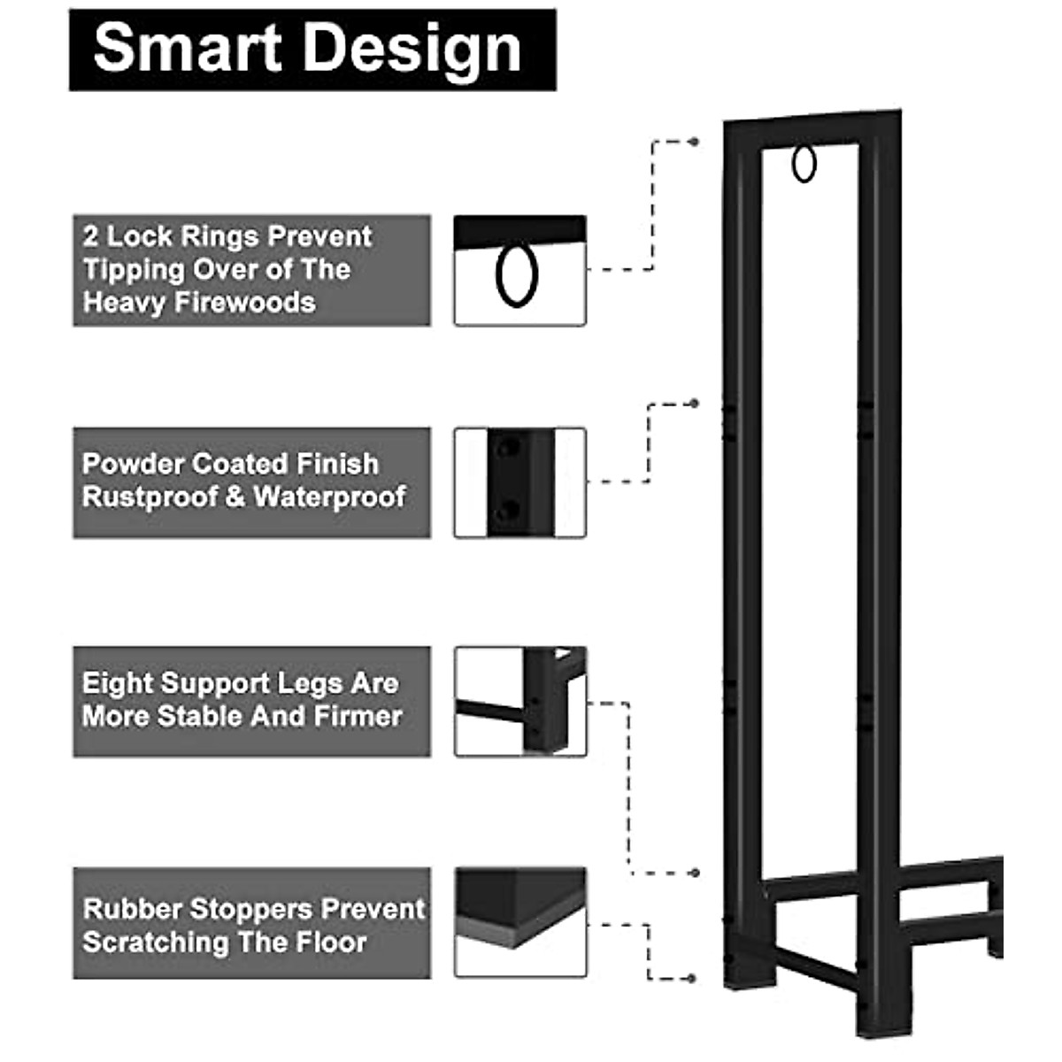 Koutemie 4Ft Outdoor Firewood Rack Holder for Fireplace Wood Storage, Adjustable Fire Log Stacker Stand, Black