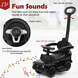 Costzon Push Car for Toddlers, 3 in 1 Mercedes Benz Stroller Sliding Walking Car w/Canopy, Handle, Armrest Guardrail, Underneath Storage, Horn Sound, Foot-to-Floor Ride On Toy for Boys Girls (Black)