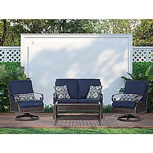 Hanover 4-Piece Madrid Outdoor Patio Furniture Chat Set, 2 Swivel Rocker Side Chairs, Loveseat, Glass Top Coffee Table, All-Weather Hand-Woven Wicker, Aluminum Frames, Thick Cushions, Navy