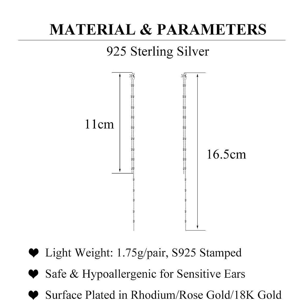 SLUYNZ 925 Sterling Silver CZ Studs 6.3inch Long Chain Earrings Dangle for Women Line Earrings Chain Backs (A-Silver)