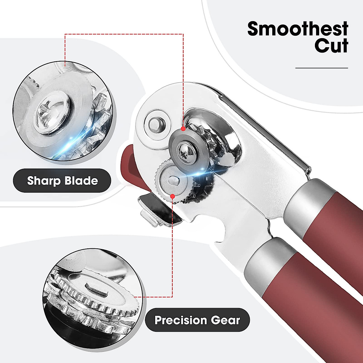 Can Opener Manual, Can Opener with Magnet, Hand Can Opener with Sharp Blade Smooth Edge, Handheld Can Openers with Big Effort-Saving Knob, Can Opener with Multifunctional Bottles Opener, Red