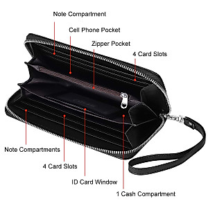 XEYOU Leather Wallets for Women RFID Blocking Zipper Around Credit Card Holder Cellphone Wallet for Women (Black)