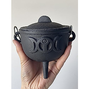 Triple Moon Cast Iron Cauldron with Lid and Handle, Witches Cauldron, Great for Use with Charcoal Incense, Smudge Sage, 4.25"-4.5"