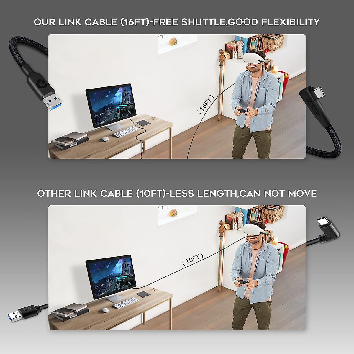 Link Cable 16FT Compatible with Quest 2, No Delay in Data Transfer, Dirt-Resistant Black, Super Durable Nylon Fiber Mesh, USB 3.2 Gen1, Max 3A Charging, for VR Headset and PC, Designed by DESTEK
