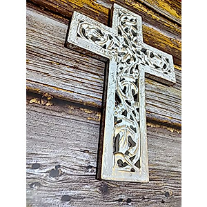 EARTHLY HOME Handmade White MDF Wooden Crucifix Wall Cross, Antique Holy Catholic Crosses, Jesus Christ Floral Carving Plaque, Hanging Catholic Crucifix Home Chapel Décor, Living Room 12x8 Inch