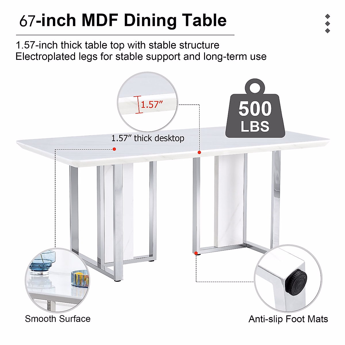 Dining Table Set for 6,White Glossy Kitchen Table and Chairs,67" Marble Decals Kitchen Table Set 6 with PU Leather Dining Chairs,1.57" Thick MDF Wood Board Top with Chrome Plate Sliver Metal Base