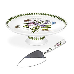 Portmeirion Botanic Garden Footed Cake Plate with Server | 10 Inch Cake Plate with Sweet Pea Motif | Made from Porcelain | Dishwasher and Microwave Safe