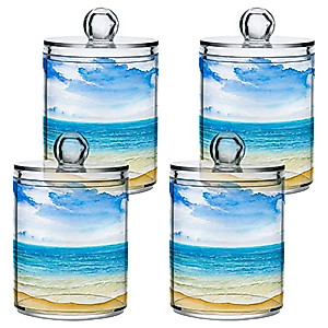 Blueangle 4 Pack Watercolor Sea Beach Qtip Holder Dispenser for Cotton Ball, Cotton Swab - Plastic Apothecary Jar Set for Bathroom Canister Storage Organization（672）