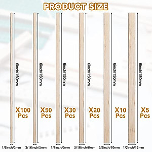 215 Pieces Balsa Wood Sticks Wooden Dowel Rods 1/8, 3/16, 1/4, 5/16, 3/8, 1/2 Inch Round Hardwood Unfinished Wooden Strips for DIY Molding Crafts Projects Making (Square)