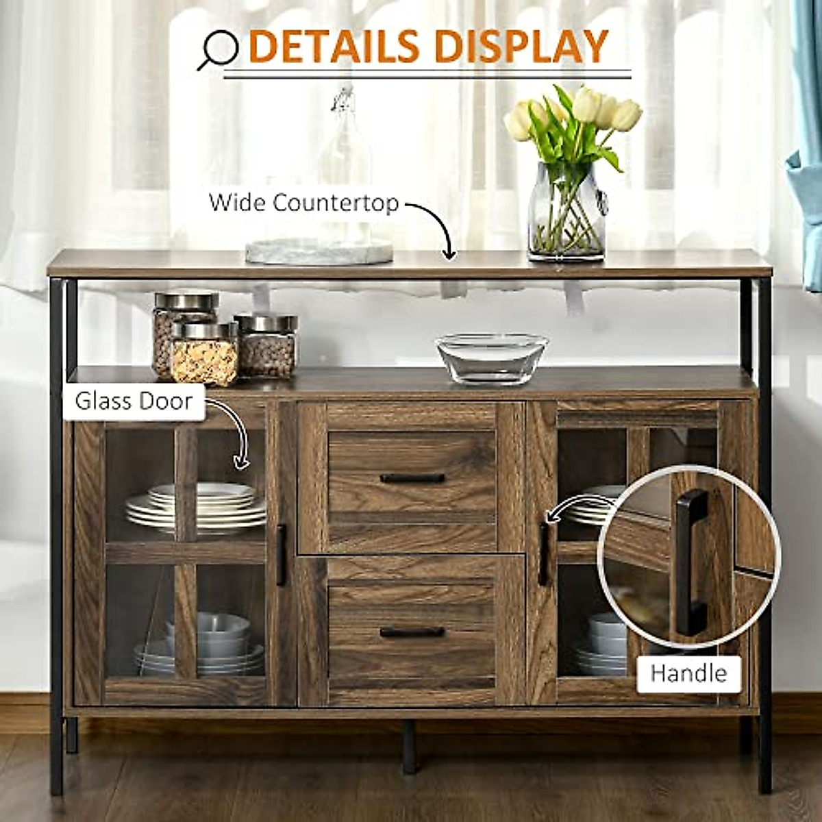 HOMCOM Industrial Sideboard Buffet Cabinet, Coffee Bar Cabinet with Adjustable Shelves, Glass Doors, and 2 Drawers for Kitchen, Living Room, Brown