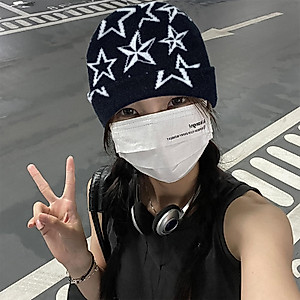 Diskebuiss Y2k Wool Beanie for Unisex-Adults, Star Pattern, One Size, White