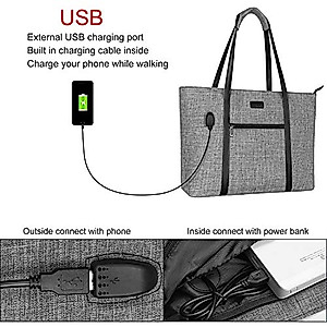 MOSISO USB Port Laptop Tote Bag for Women,Compatible with MacBook, 17-17.3 inch Notebook and Chromebook, Work Travel Business Computer Bag with Small Purse, Gray