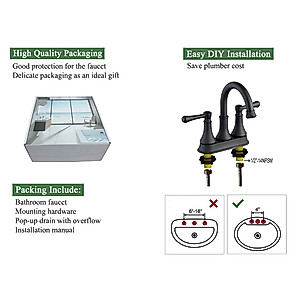 TimeArrow Matte Black 2 Handle Centerset Bathroom Sink Faucet 3 Holes with Drain Assembly, High Arc Modern 4 Inch Bathroom Vanity Lavatory Faucet with Brass 360° Swivel Spout, TAF067Y-MB