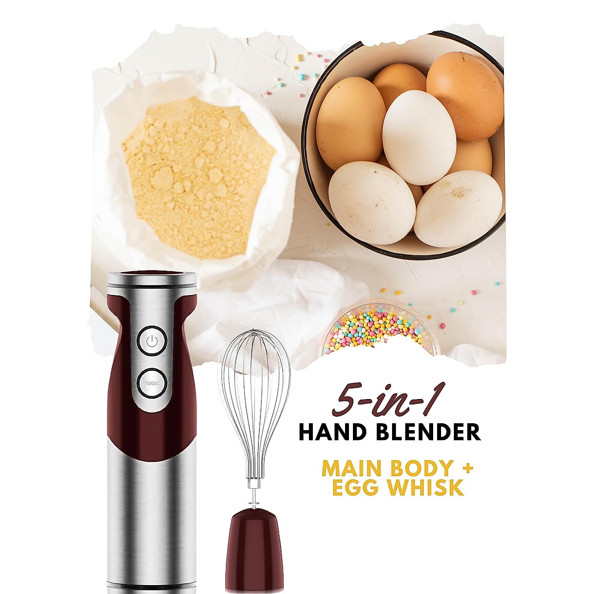 MegaWise Pro Titanium Reinforced 5 in1 Immersion Hand Blender, Powerful with 80% Sharper Blades, 12 Speed Corded Blender, Including 500ml Chopper, 600ml Beaker, Whisk and Milk Frother