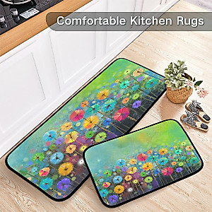 Emelivor Spring Kitchen Rugs and Mats 2 Piece Non Slip Washable Flower Runner Rug Set for Floor Rainbow Kitchen Decor and Accessories