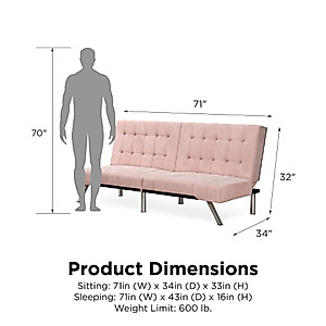 DHP Emily 71 Inch Futon Sofa Bed Fabric, Armless Upholstered Couch Sleeper with Tufted Back and Seat, Mid-Century Modern, Pink Velvet