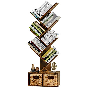 Vagusicc Tree Bookshelf, 6 Tier Bookshelf with Storage, Tall Narrow Bookcase, Rustic Wood Book Storage Rack for CDs/Books, Small Book Organizer Shelves for Bedroom, Living Room, Home Office, Brown