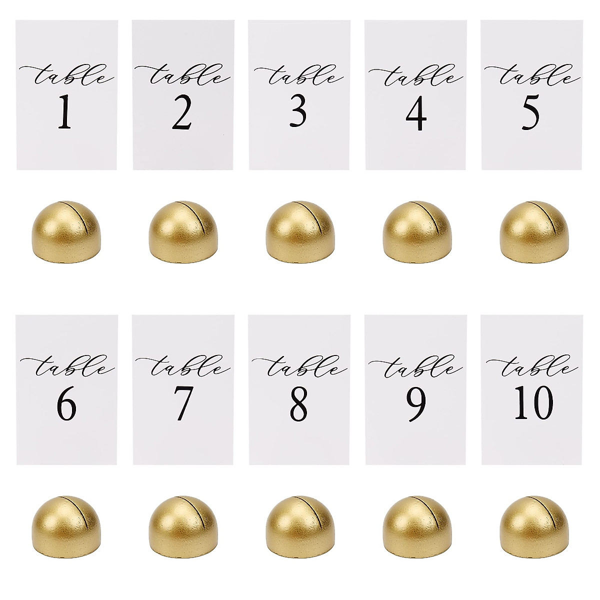 Hanna Roberts Modern Cursive Table Number Card Stock Signs with Round Stand for Wedding Reception, Restaurant, Event Party, 4" x 6" (Set of 10, 1-10, Gold)