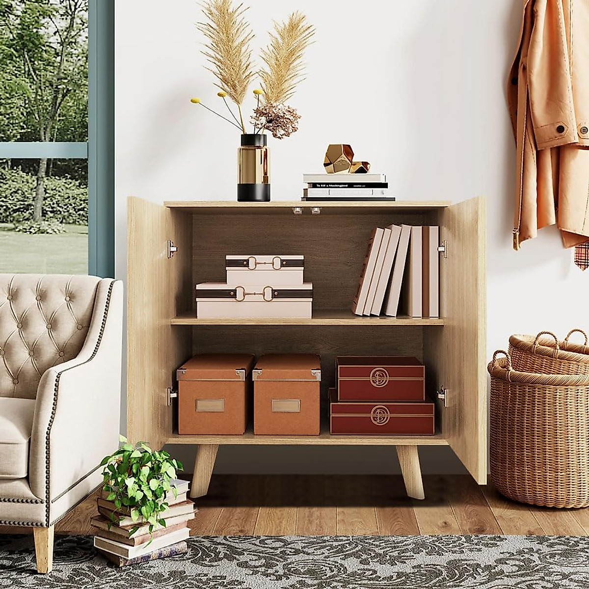 affeivul Accent Storage Cabinet, Modern Accent Buffet Cabinet with Adjustable Shelves, Freestanding Sideboard with Double Doors, Accent Cabinet with 2 Doors for Hallway Entryway Living Room (Natural)