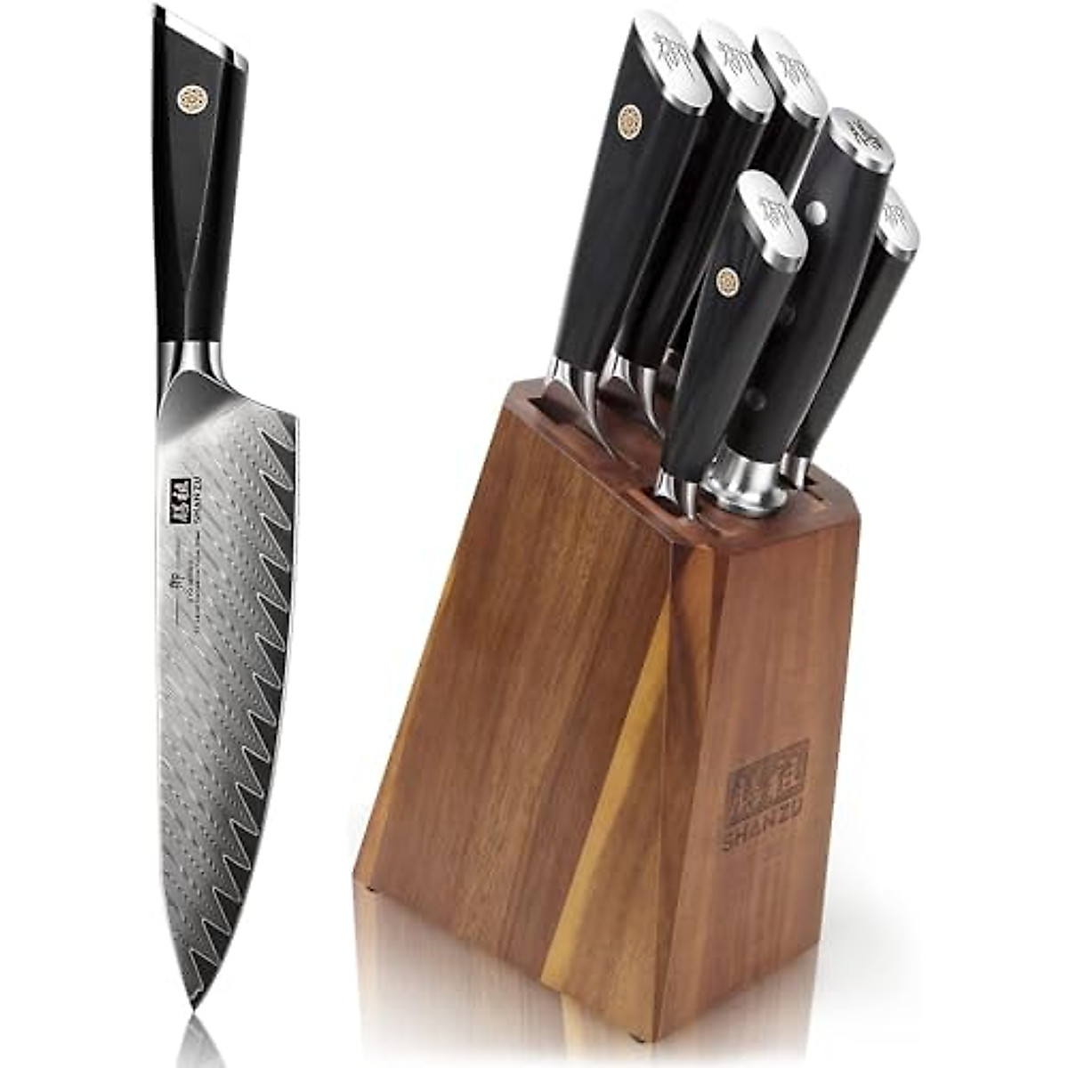 Damascus Kitchen Knife Set, SHAN ZU 7-Piece Professional Knife Sets for Chefs, Japanese AUS-10V Super Steel With G10 Handle Knife Block Set, GYO Series