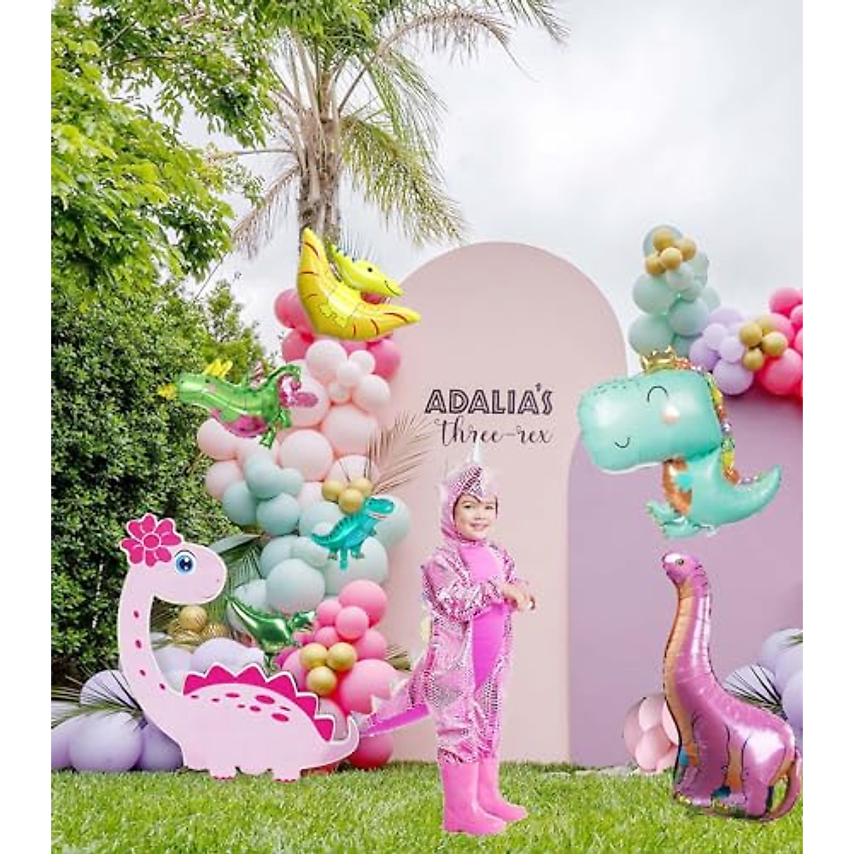 Pink Dino Balloon garland arch kit with Pastel Pink Purple Teal and Foil Dinosaur balloon for dinosaur Theme Party Decorations for Girl