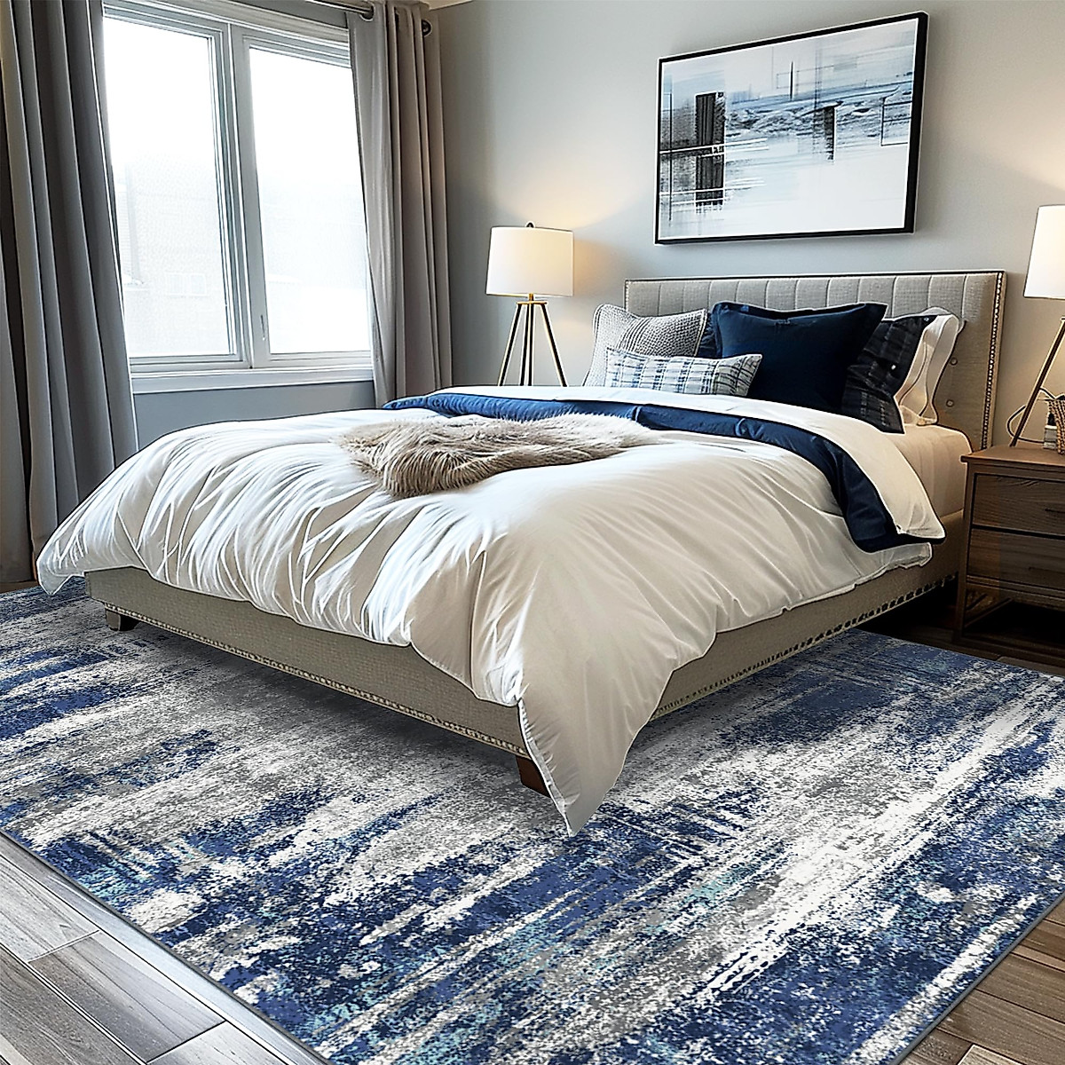 BEIMO 8X10 Area Rugs for Living Room Bedroom, Modern Abstract Blue Print Indoor Machine Washable Area Rug, Distressed Throw Non Slip Backing Runner Rug for Hallway Entryway