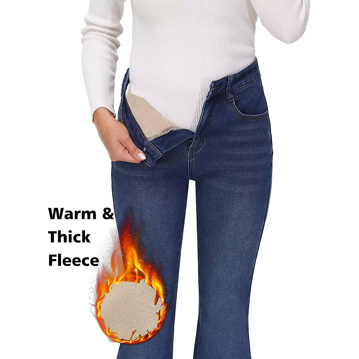 KDF Women's Fleece Lined Jeans Flare Bell Bottom Jeans Winter Super Warm Thick Fleece Denim High Waisted Stretch Jeans Fleece Pants 14,Dark Blue
