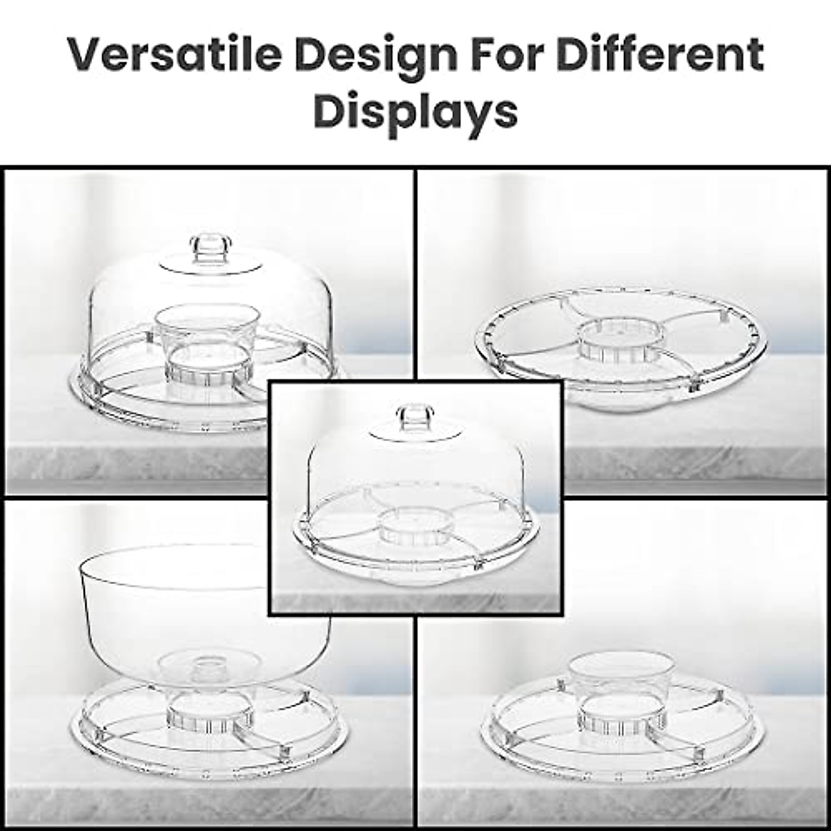 Chef's Star Acrylic Cake Stand with Dome Cover 6 in 1 Multi-Functional Serving Platter and Cake Plate - 12 Inch Use as Desert Platter, Salad Bowl, Veggie Platter, Cake Holder, Nachos & Salsa Plate