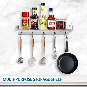 WSTECHCO Spices Holder 16 Inch, Kitchen Cookware Organizer Hanger, Pots Pans Hanging Rack 5 Hooks, 304 Stainless Steel Wall Mount Organization Shelf for Jars Bottles Dish Utensils Storage