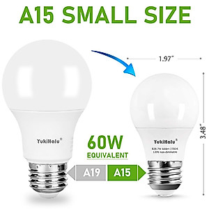 YukiHalu A15 LED Light Bulbs, 60W Equivalent, E26 Base, 2700K/3000K/5000K White, 7W 600 Lumens 120V, UL Listed, Ceiling Fan Light Bulbs, Appliance Bulb, Not Dimmable, Pack of 6 (5000K Daylight White)