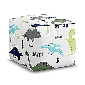 Sweet Jojo Designs Blue Green Modern Dinosaur Boy Ottoman Pouf Cover Unstuffed Poof Floor Footstool Square Cube Pouffe Storage Baby Nursery Kids Room Turquoise Navy Mod Dino Boho Bohemian Grey White