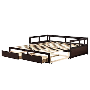 LERFAN Wooden Daybed Extendable Bed with Trundle Bed and Two Storage Drawers, can be Expanded from Twin Size to King Size, 78.2" L x 79" W x 23.2" H Espresso