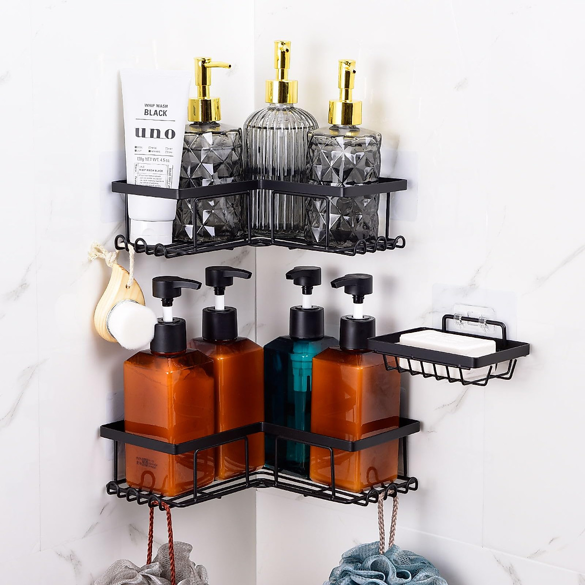 HQJUN Adhesive Shower Caddy, 3 Pack Rustproof Stainless Steel Bath Organizers With Large, Non drilling bathroom rack No Drilling Shelves for Bathroom Storage & Home Decor (Black)