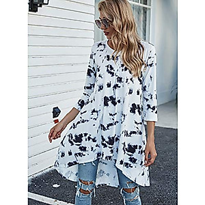 Naggoo Womens 3/4 Sleeve Hi Low V neck Long Blouses Tie Dye Print Loose Tunic Tops Shirts, Black White, XX-Large
