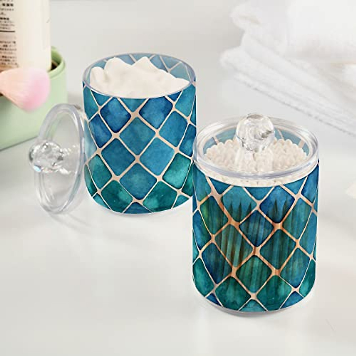 Fustylead 2 Pack Blue-green Squares Qtip Holder Dispensers, Bathroom Storage Canister Plastic Apothecary Jar Set for Cotton Swabs, Ball, Pads, Floss