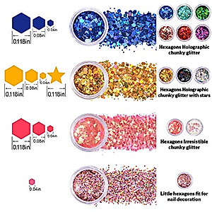 Warmfits Holographic Chunky Glitter 12 Colors Total 120g Face Body Eye Hair Nail Festival Chunky Holographic Glitter Different Size Stars and Hexagons Shaped (Set A)