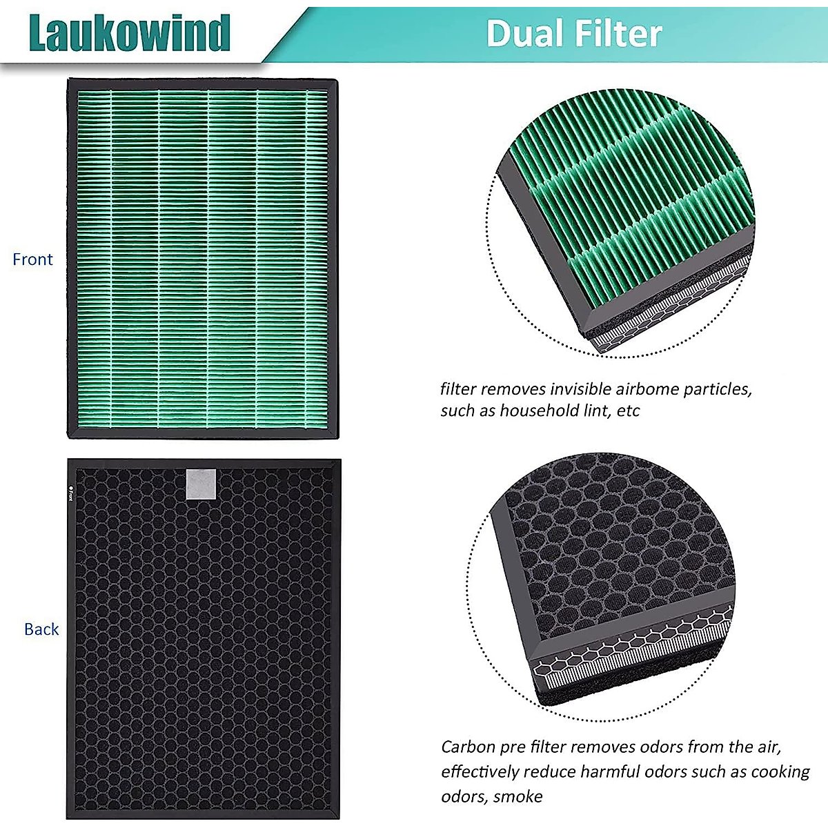 Laukowind for Coway Airmega 400 400s Max2 True Filter Replacement Set Compatible with Smart Technology App-Enabled Alexa Green and Active Carbon AP-2015-FP Part to 3111737 Filters (2 Pack)