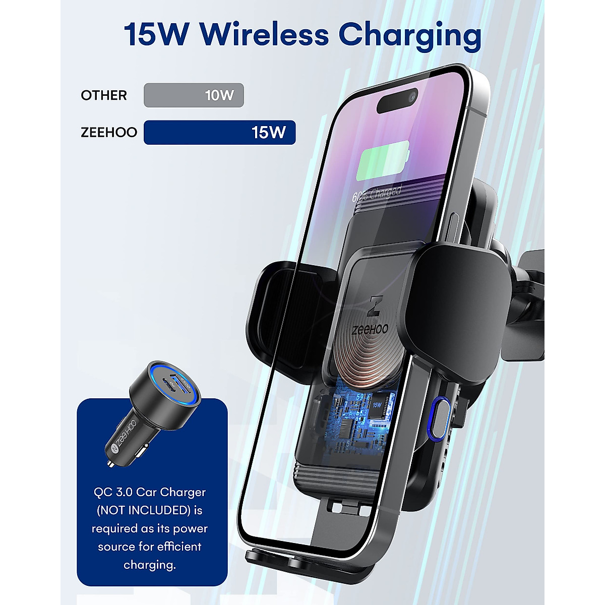 ZeeHoo Wireless Car Charger,15 W Fast Charging Auto-Clamping Car Mount,Windshield Dash Air Vent Phone Holder for iPhone 14 13 12 Mini 11 Pro Max XS XR 8,Samsung S22 S21 S20 Note 20 10 9 8