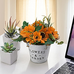 Artificial Sunflower Pot Shape Bonsai, 1 Pc Artificial Sunflower with Vase Metal Potted Fake Flower Artificial Sunflowers Bouquet for Party Office Garden Table Home Decor Windowsill (Orange Yellow)